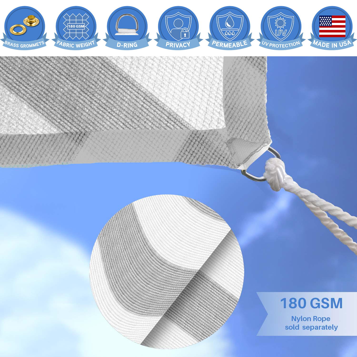 Gray Stripe 8-15ft Straight Edge Sun Shade Sail for Canopy Awning Patio ...